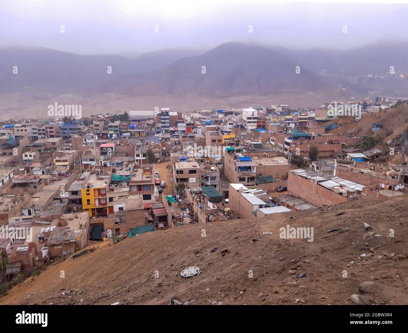 LIMA, PERU - Aug 04, 2021: Panoramic view of Musa district in a cloudy ...