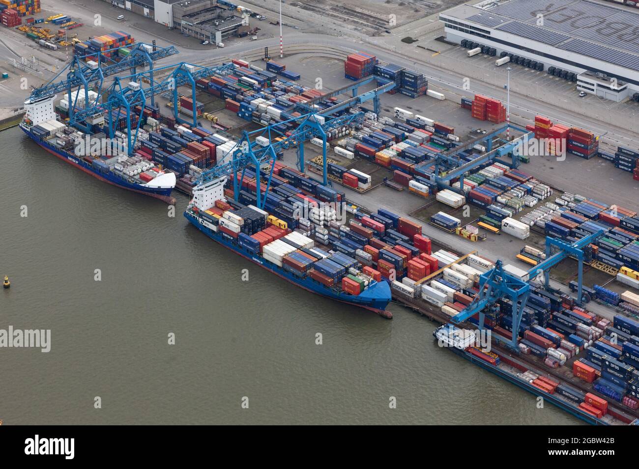 ROTTERDAM, NETHERLANDS - May 13, 2020: Aerial photo of the harbor of ...