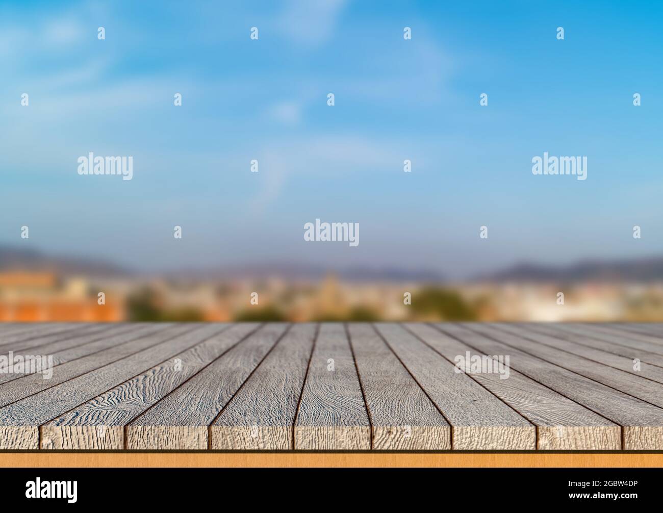 Illustration of a wooden bench on a blurry cityscape background Stock ...