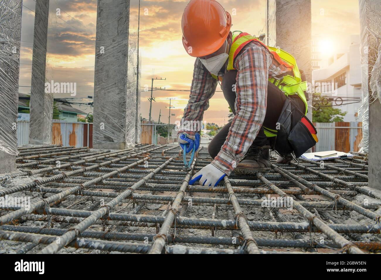 Worker with contruction iron lines for building foundation,Construction ...