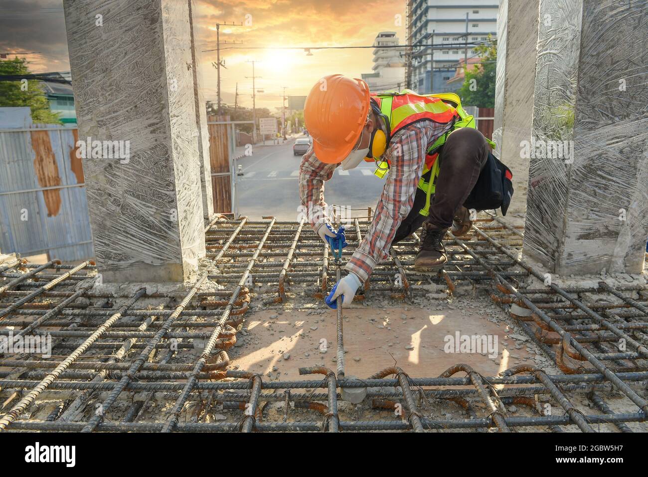 Worker with contruction iron lines for building foundation,Construction ...