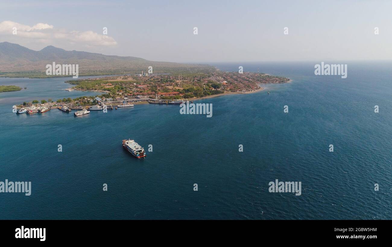 Aerial view ferry port gilimanuk with ferry boats, vehicles. Ferries ...