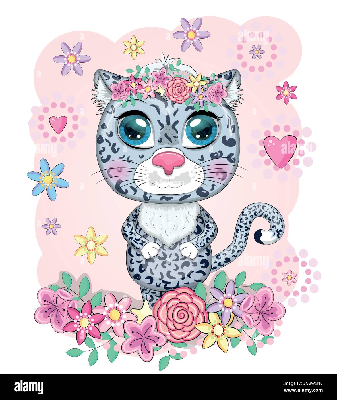 Cartoon snow leopard with expressive eyes among flowers, hearts ...
