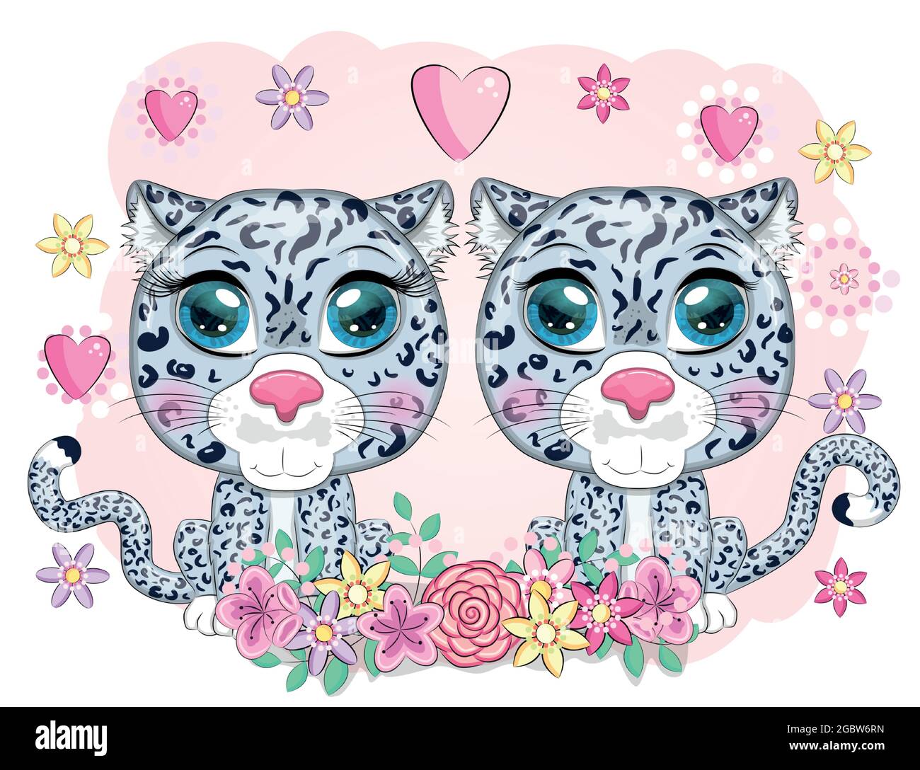 Cartoon snow leopard couple with expressive eyes among flowers, hearts ...