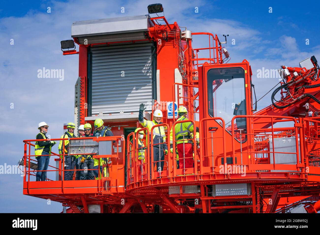 Prime Minister Boris Johnson on the 'walk to work' gantry onboard the ...
