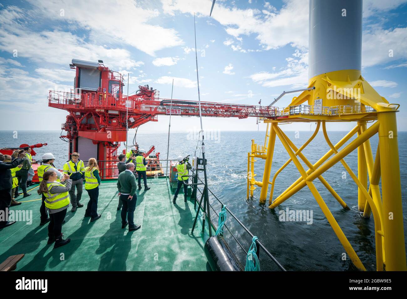 The 'walk to work' gantry of the Esvagt Alba is connected to a turbine ...