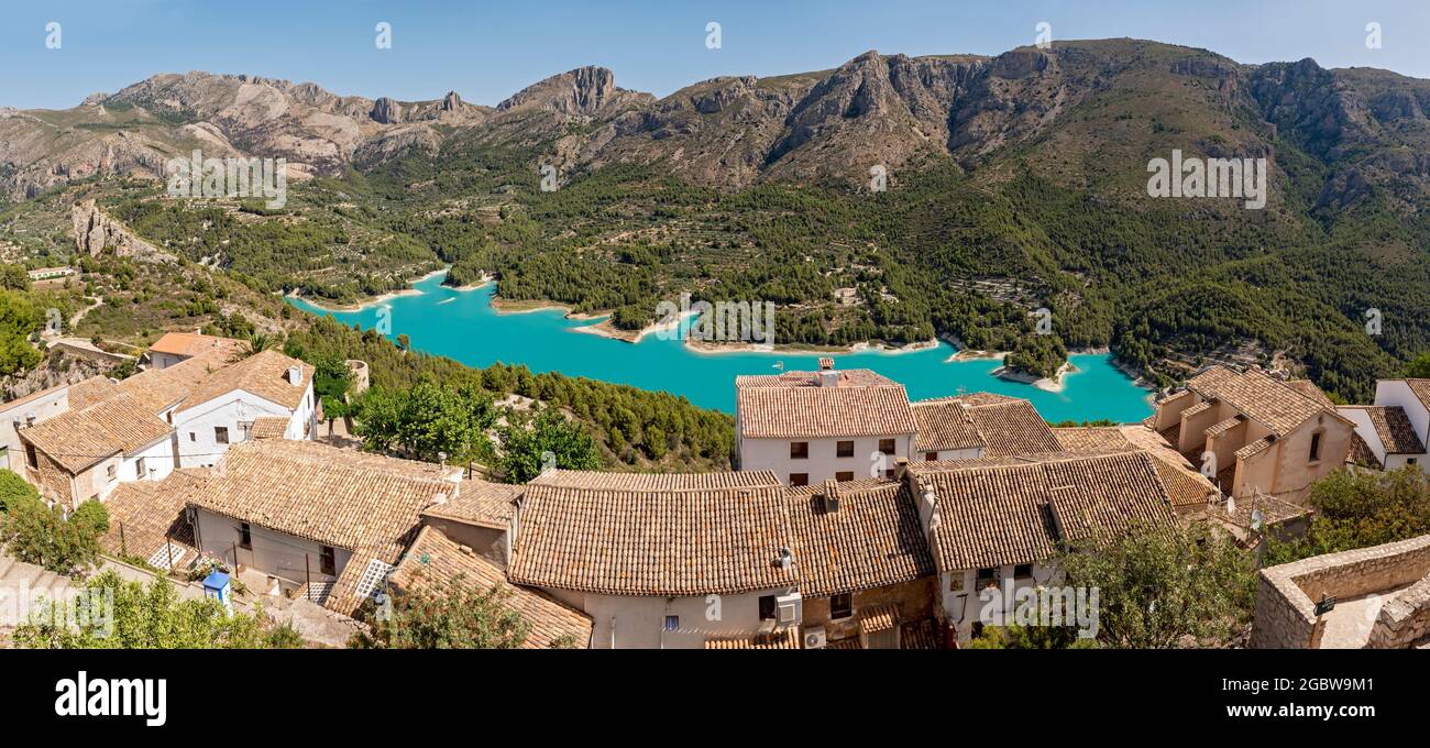 Panoramic view of Guadalest reservoir and valley from El Castell de ...