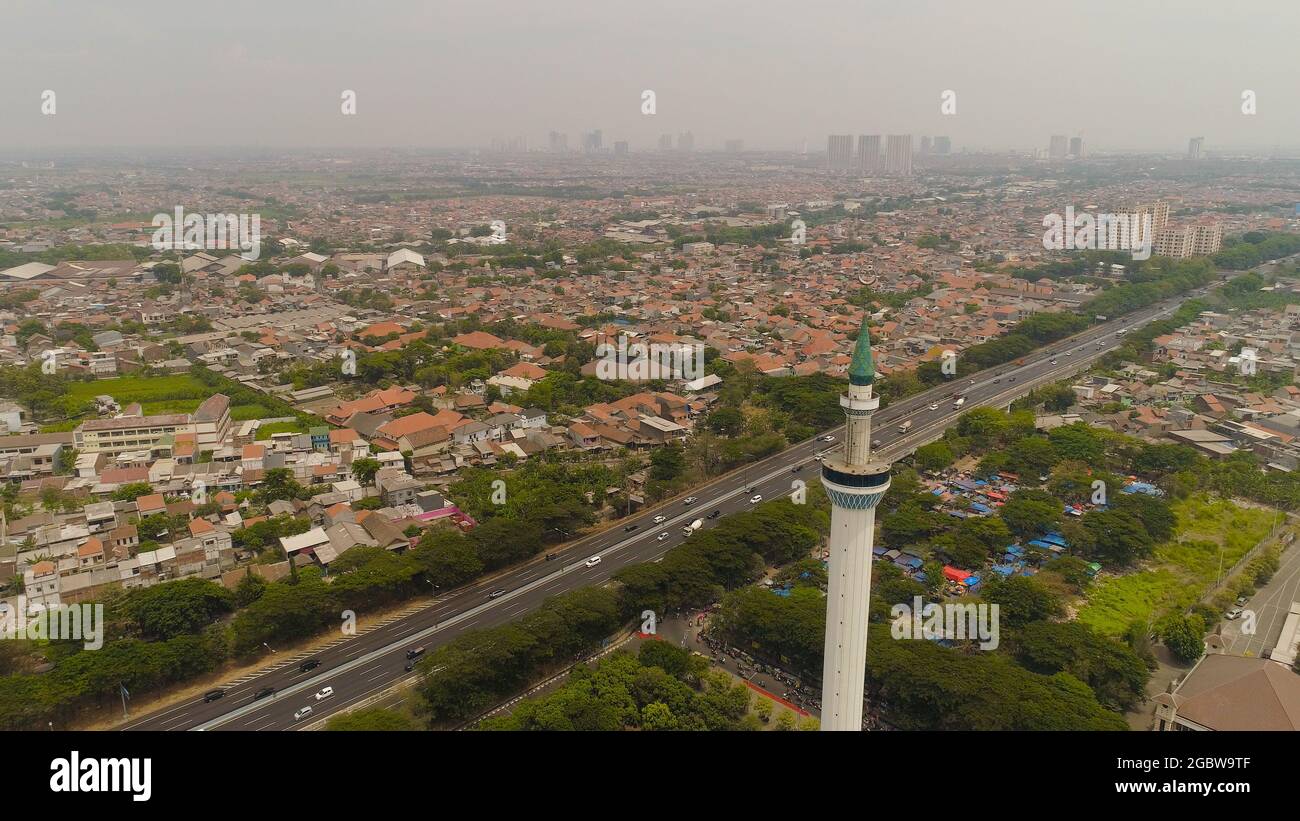 aerial view cityscape city Surabaya with mosque Al Akbar, highway ...
