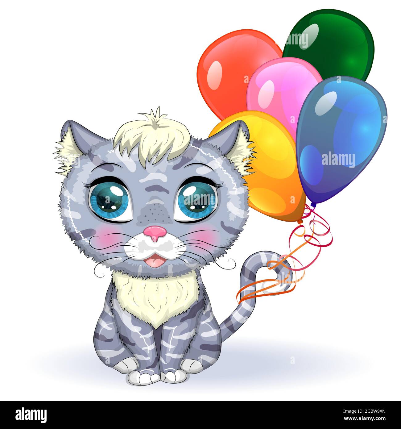 Cat boy gray and spotted with beautiful eyes among flowers and balloons ...
