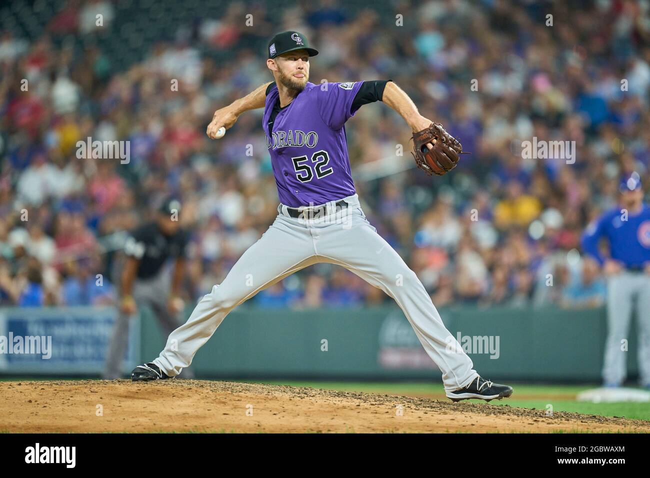 August 4 2021: Colorado Rockies pitcher Daniel Bard (52) throws a pitch ...