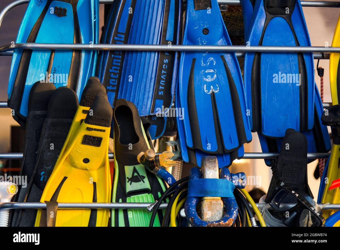 Dive fins on boat, Similan Islands, Andaman Sea, Thailand Stock Photo ...