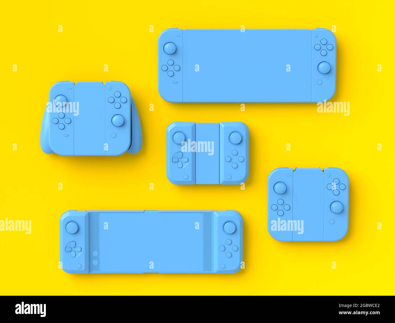 Top view of monochrome blue gamer joysticks or gamepads on yellow ...