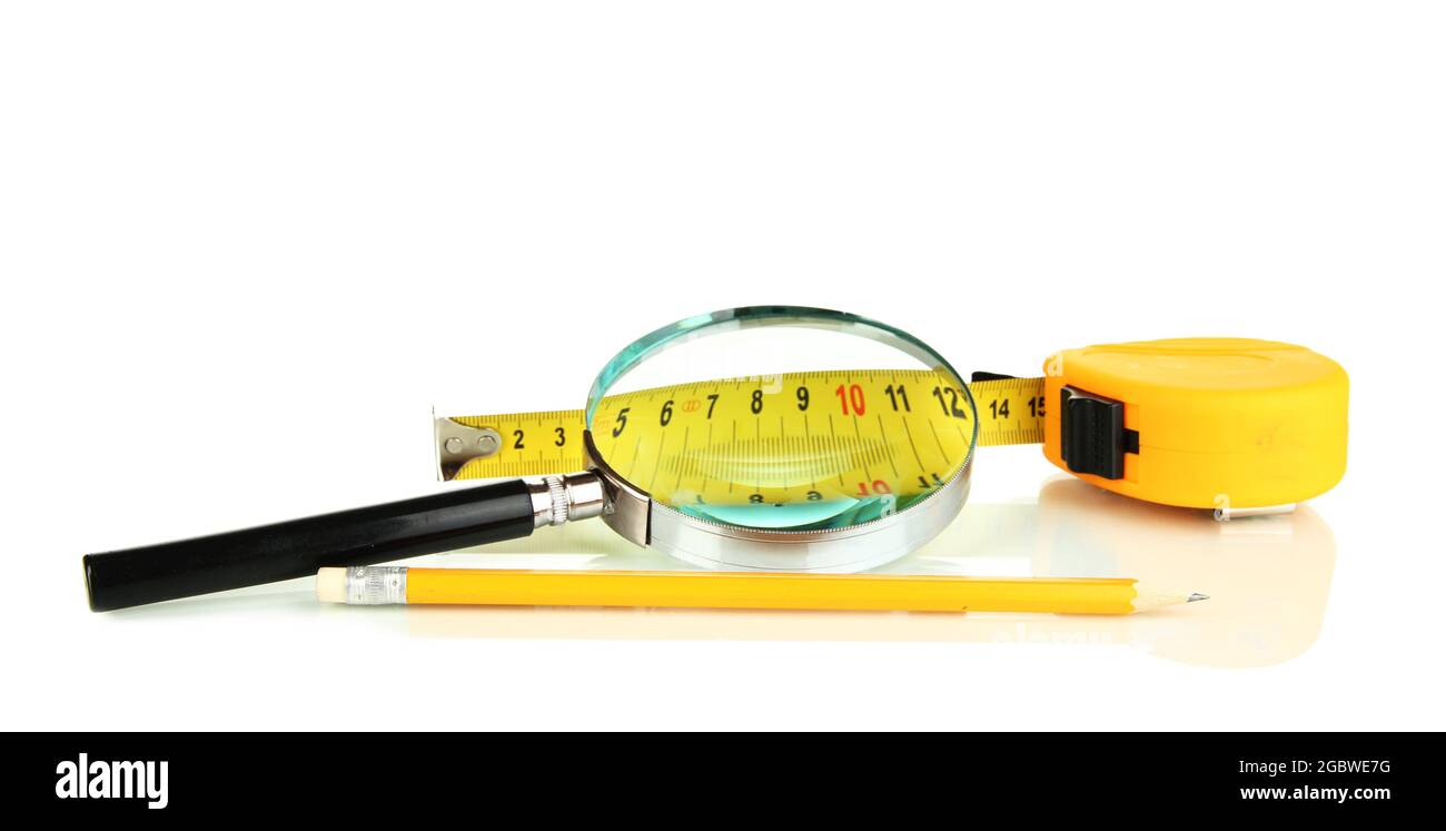 Tape measure with magnifying glass isolated on white Stock Photo - Alamy