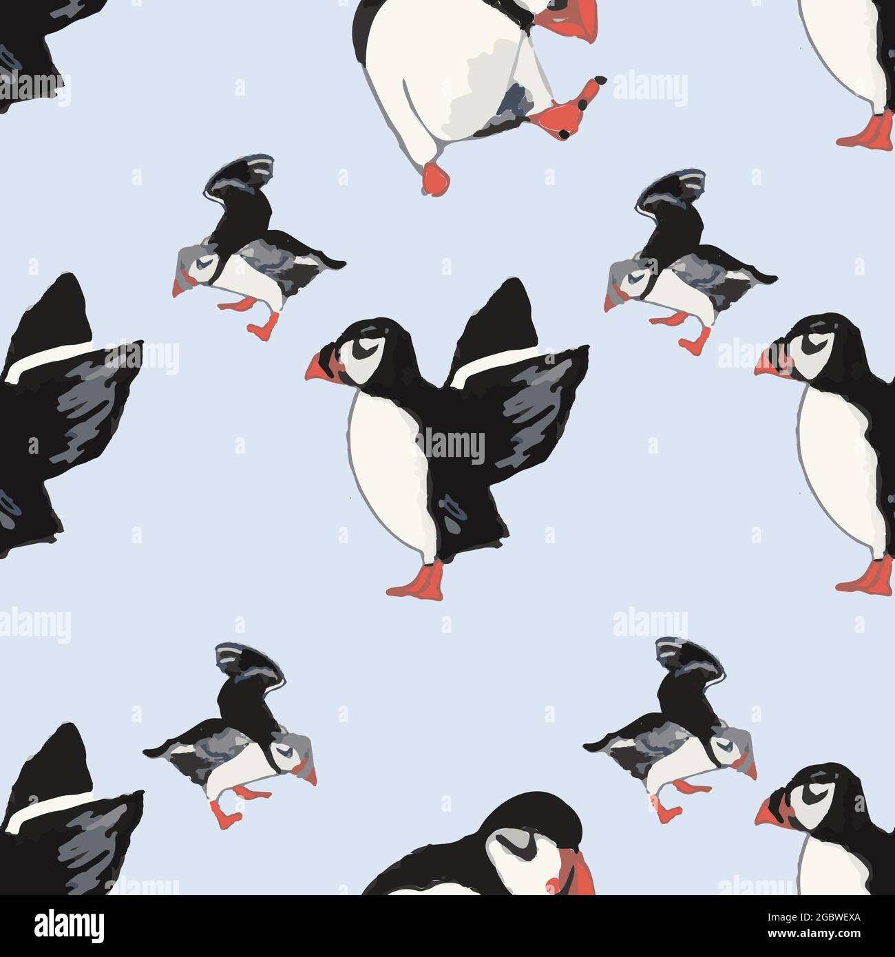 Vector blue background ocean seabird, arctic birds, puffins. Seamless ...