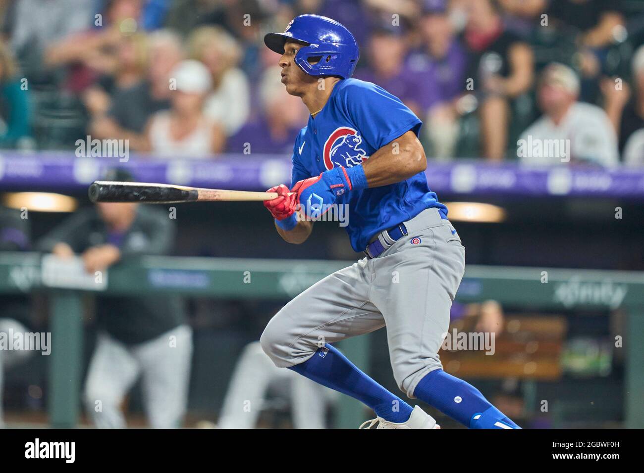 August 4 2021: Chicago Cubs left fielder Johhneshwry Fargas (4) gets a ...