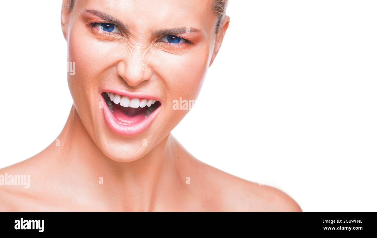 Close up portrait of amazing blue eyed beautiful fashion woman saying ...