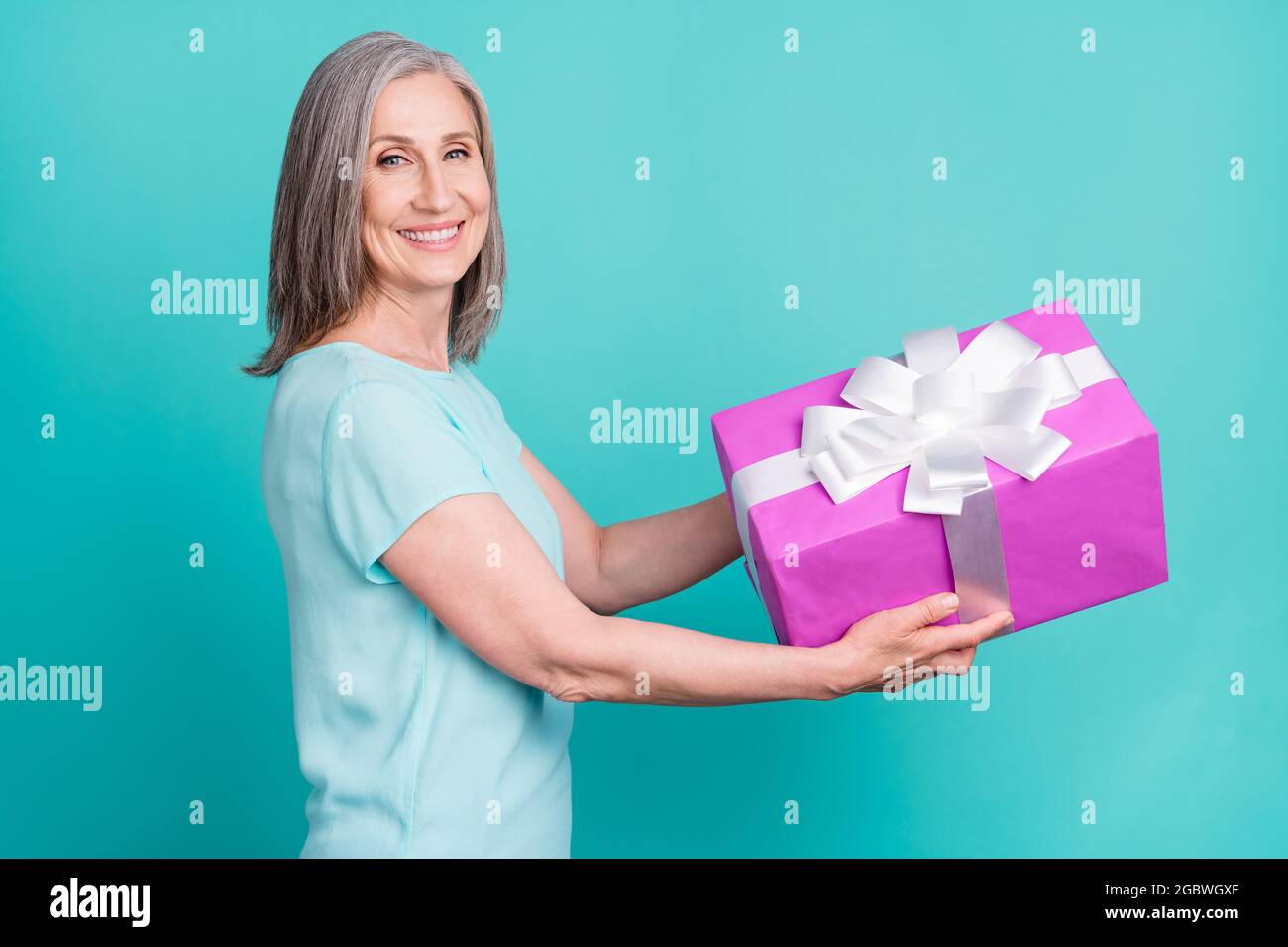 Profile side photo of good mood cheerful grandmother give copyspace ...