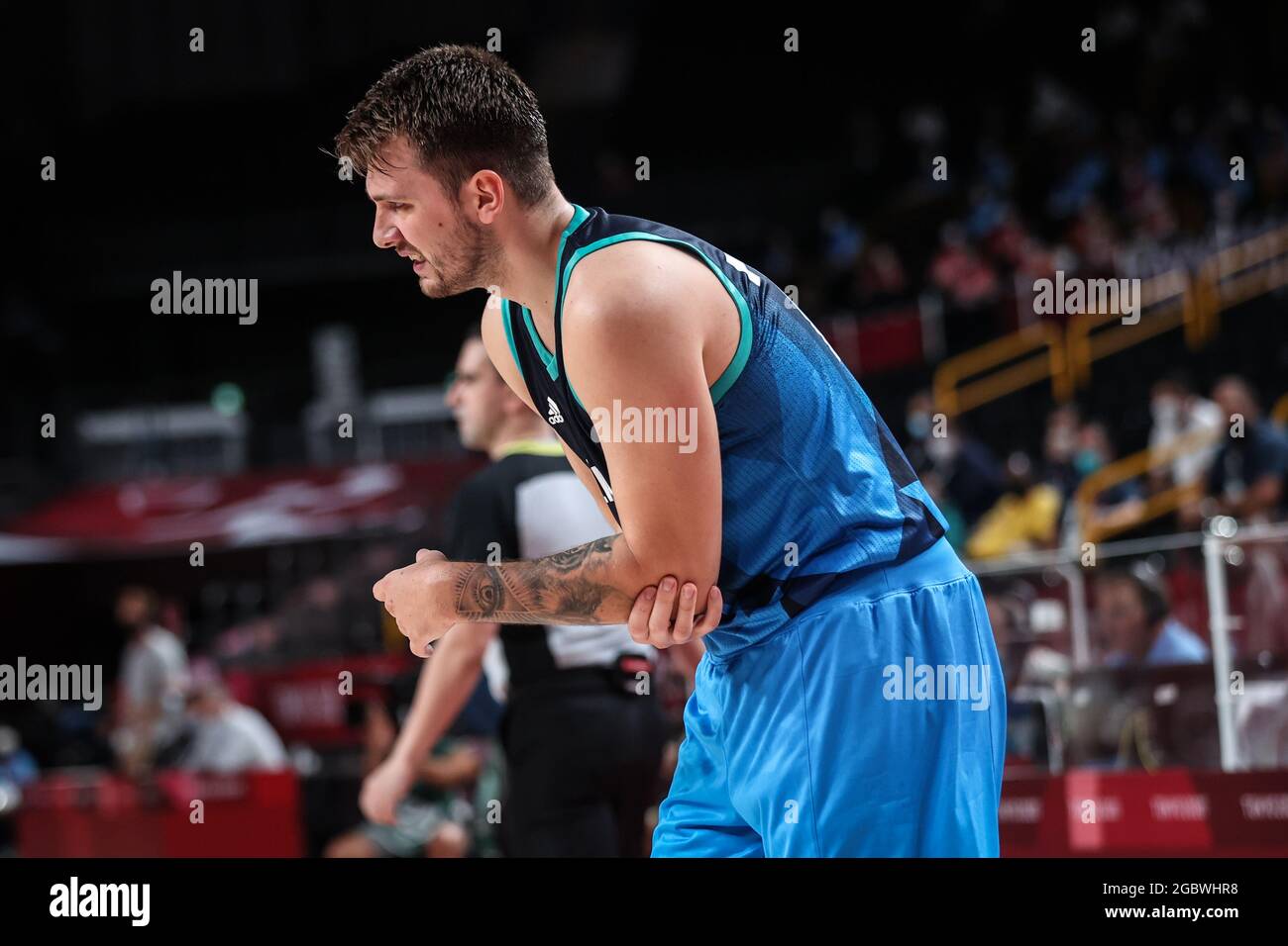 Saitama, Japan. 5th Aug, 2021. Luka Doncic of Slovenia gets injured on ...