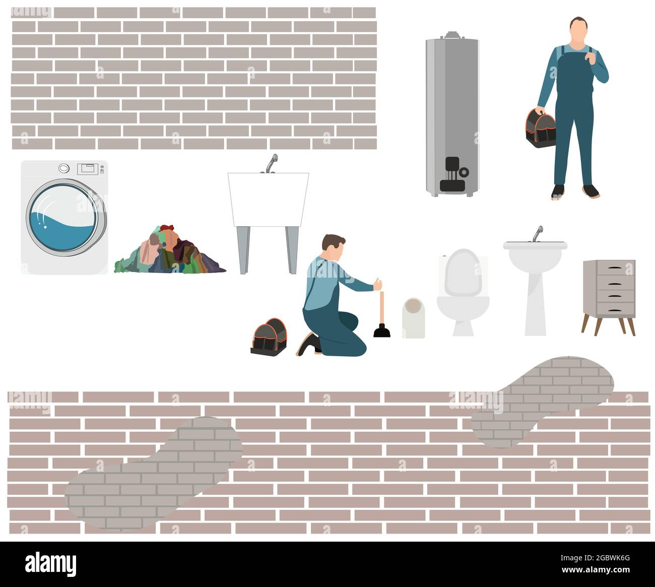 Plumbing service, flat vector illustration Worker scene set. laundry ...