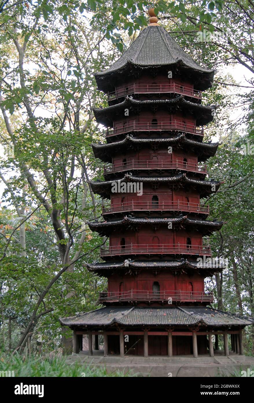 Hangzhou, Zhejiang Province in China. A smaller pagoda in the grounds ...