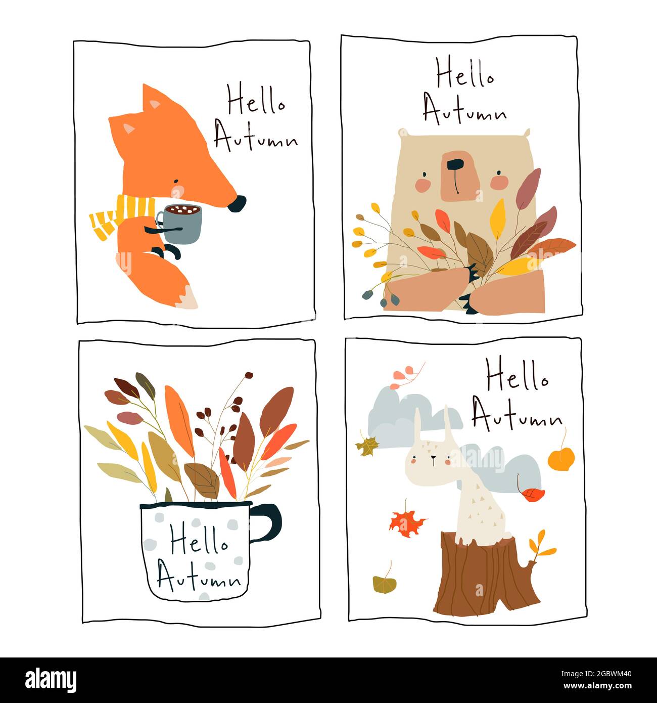 Four Little Illustration with Funny Cartoon Animals meeting Autumn ...