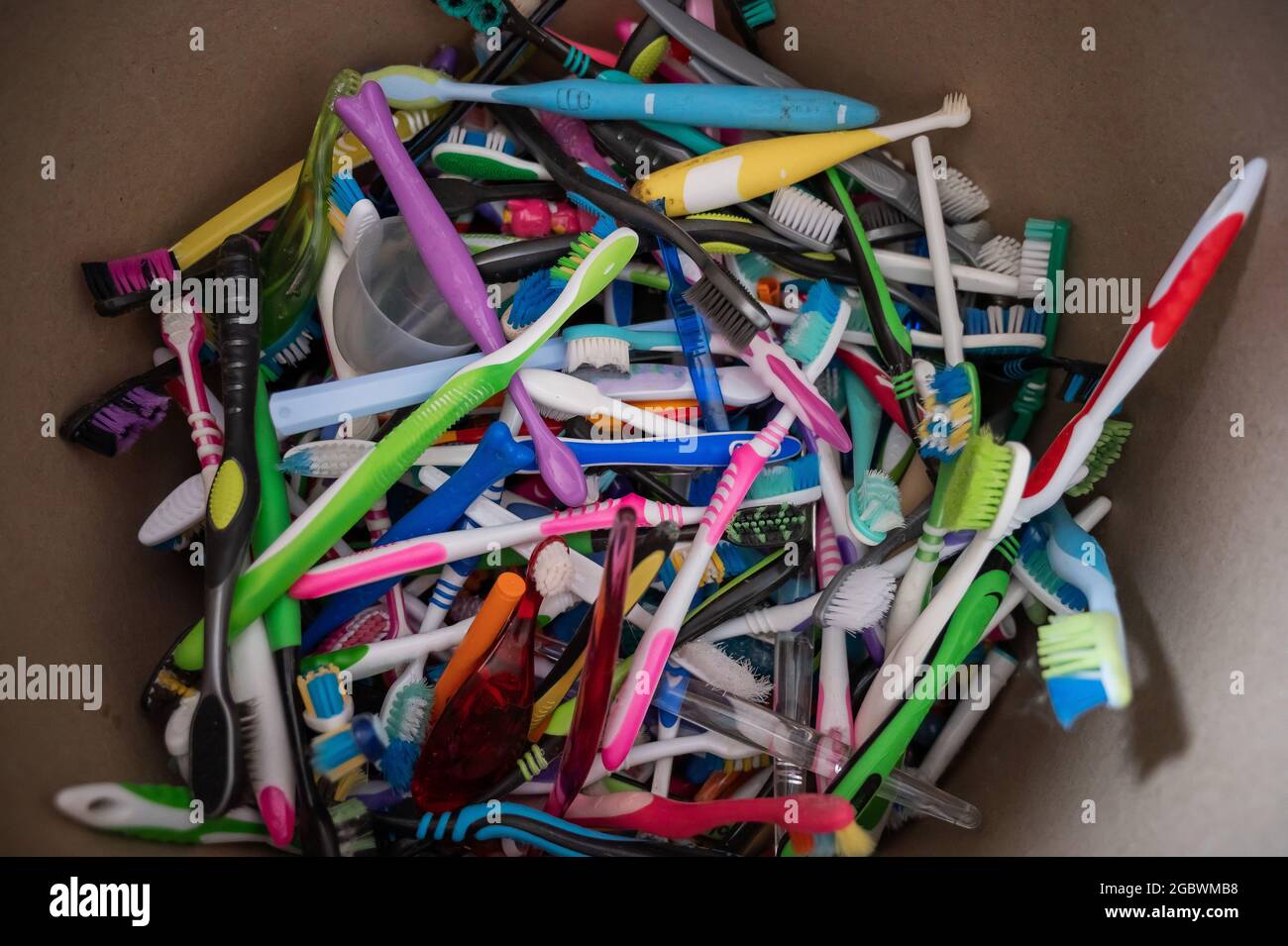 A close-up of many used plastic toothbrushes collected for recycling ...