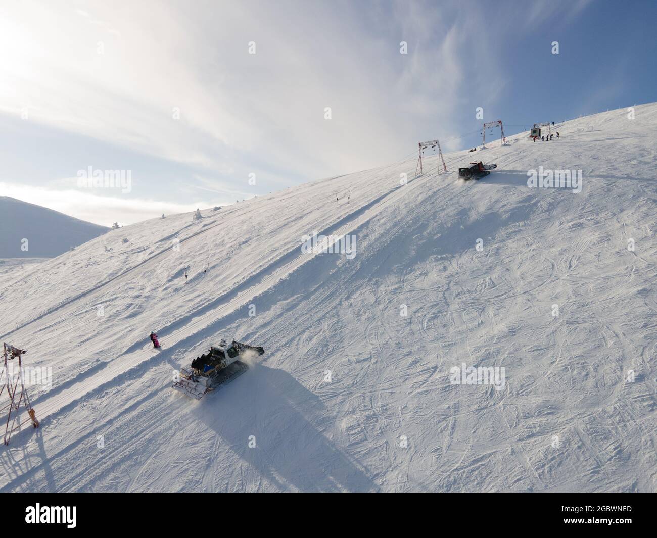 snowcat yoke ski lift overhead top view of snowed slope copy space ...