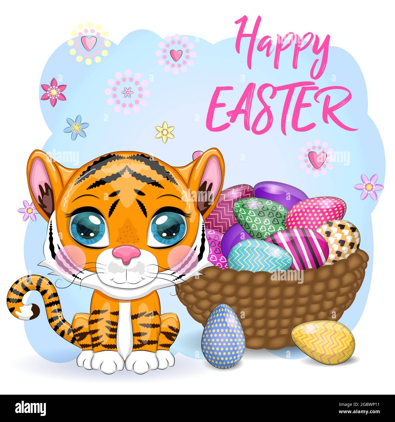 Cartoon tiger with Easter egg. Easter 2022, April. greeting card ...