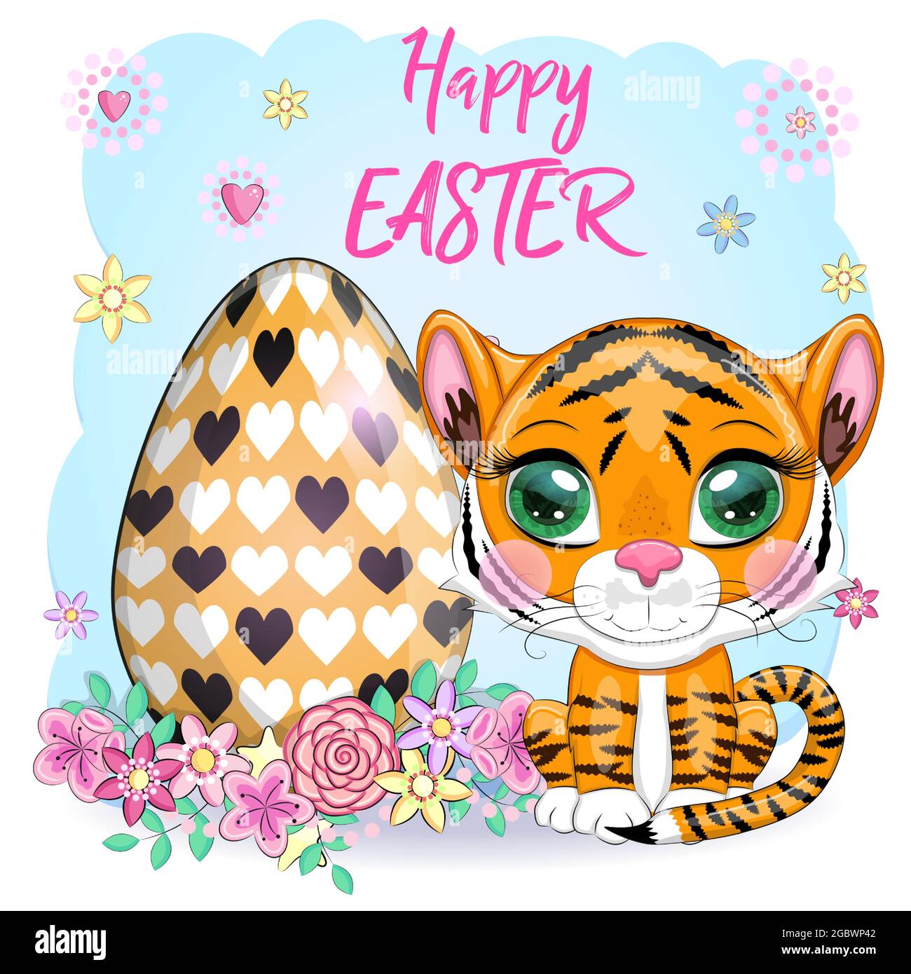 Cartoon tiger with Easter egg. Easter 2022, April. greeting card ...