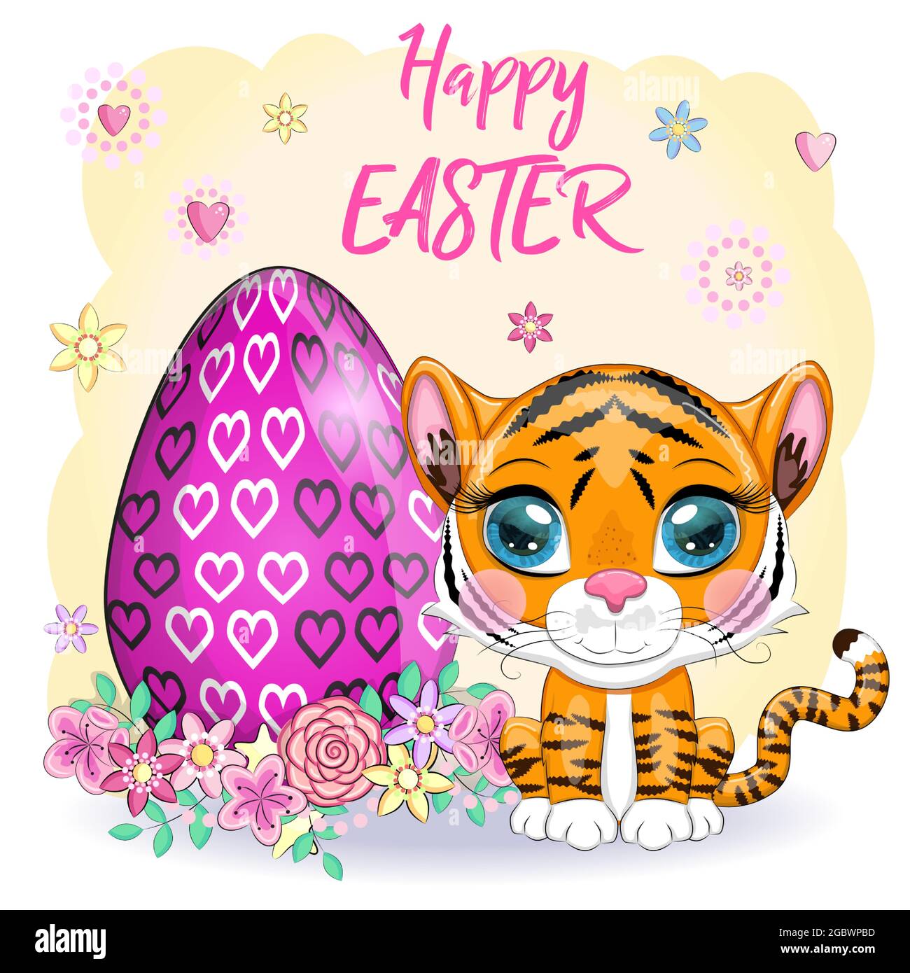 Cartoon tiger with Easter egg. Easter 2022, April. greeting card ...