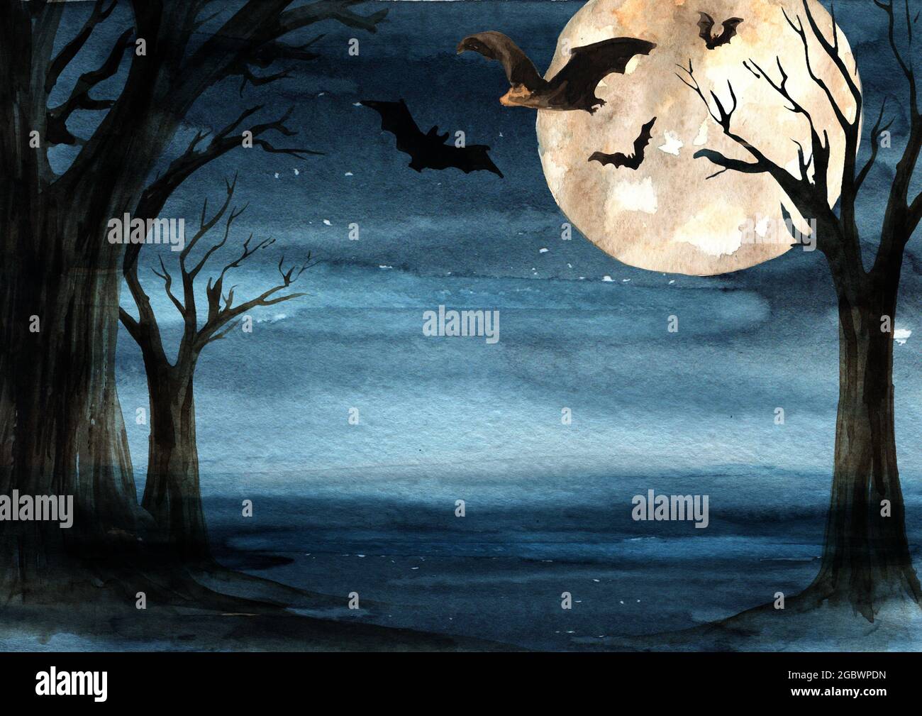 Full moon on the dark sky, and night forest. Halloween horror ...