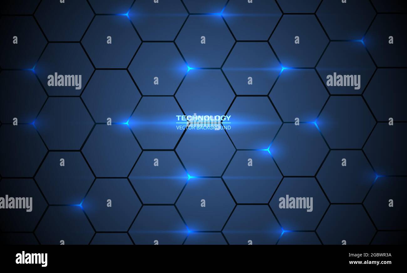 Dark blue abstract technology hexagonal vector background. Blue bright energy flashes under ...