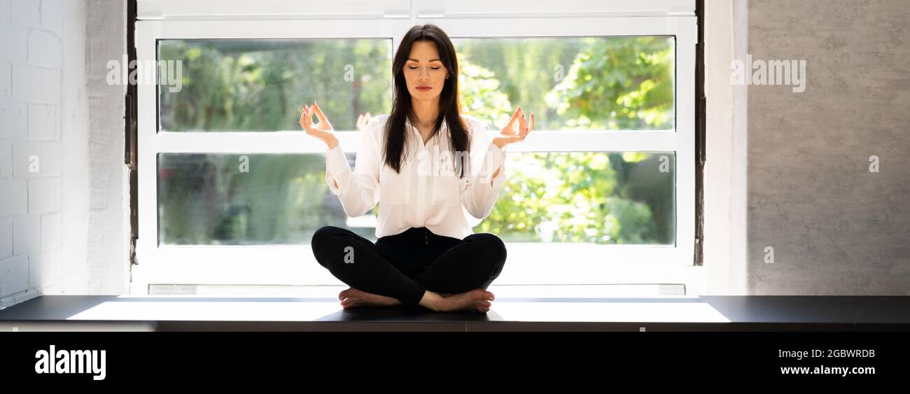 Healthy Woman Meditation Sitting Near Window. Calm Morning Stock Photo ...