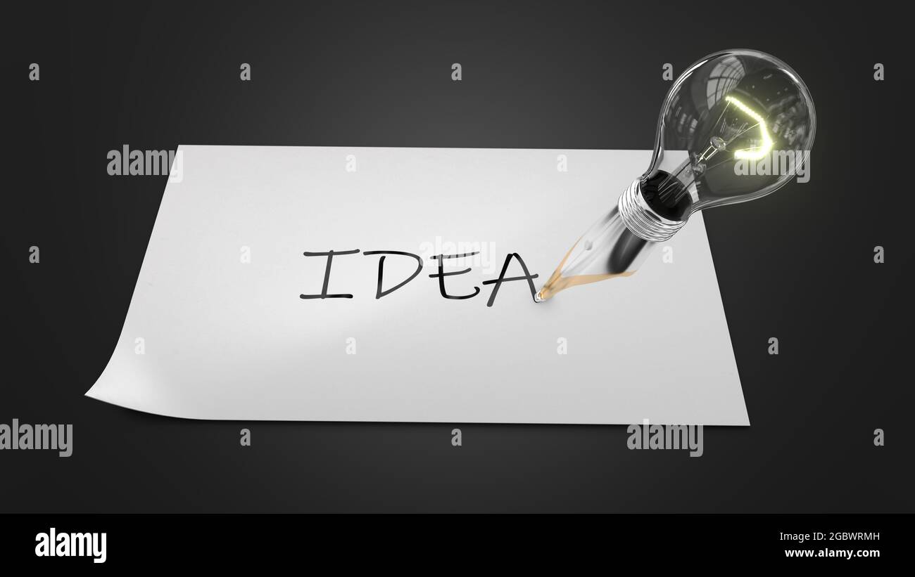 3d rendering of a pen bulb with "idea written on paper isolated on ...