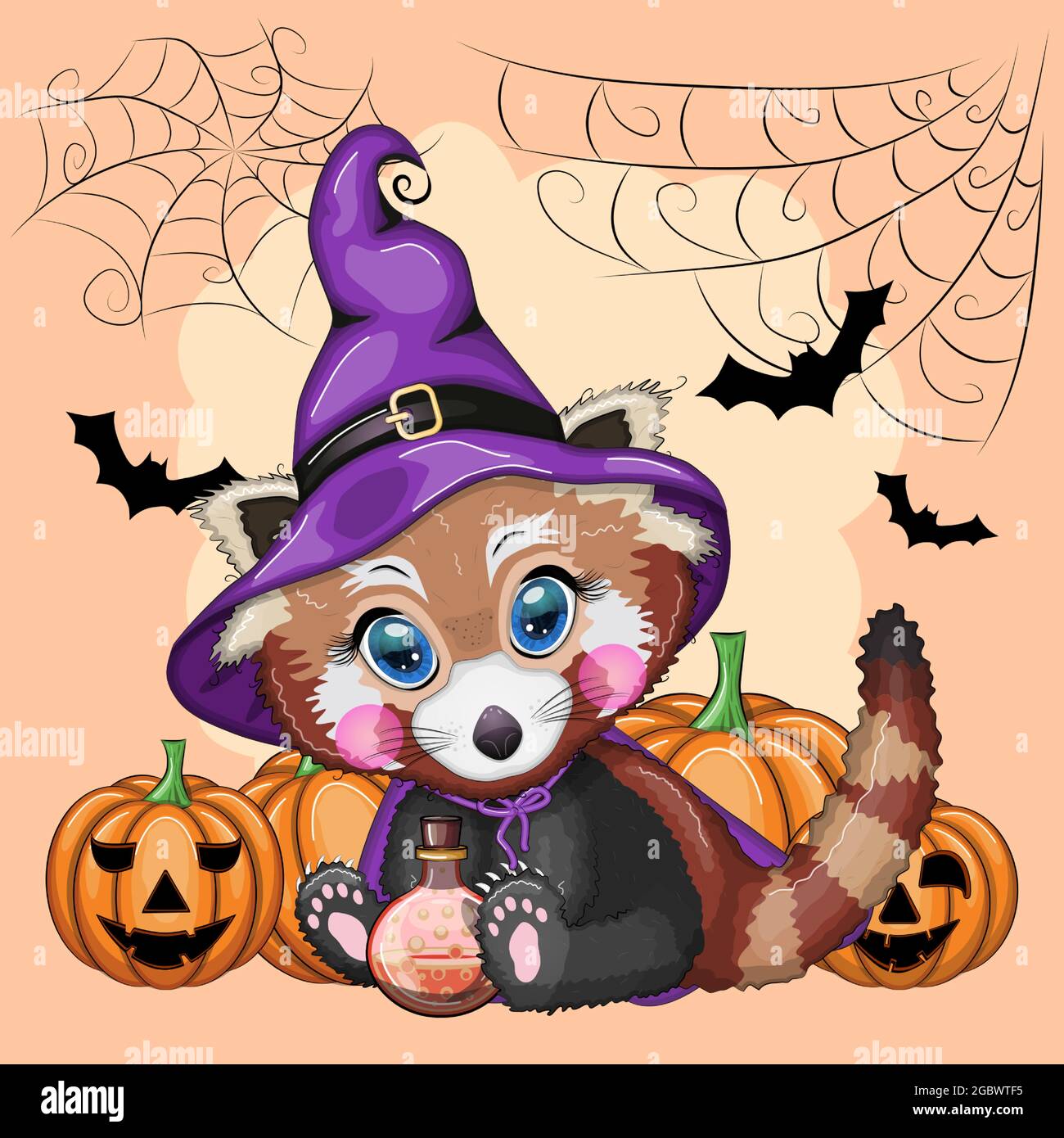 Cartoon red panda in a purple witch's hat and cloak with pumpkins ...