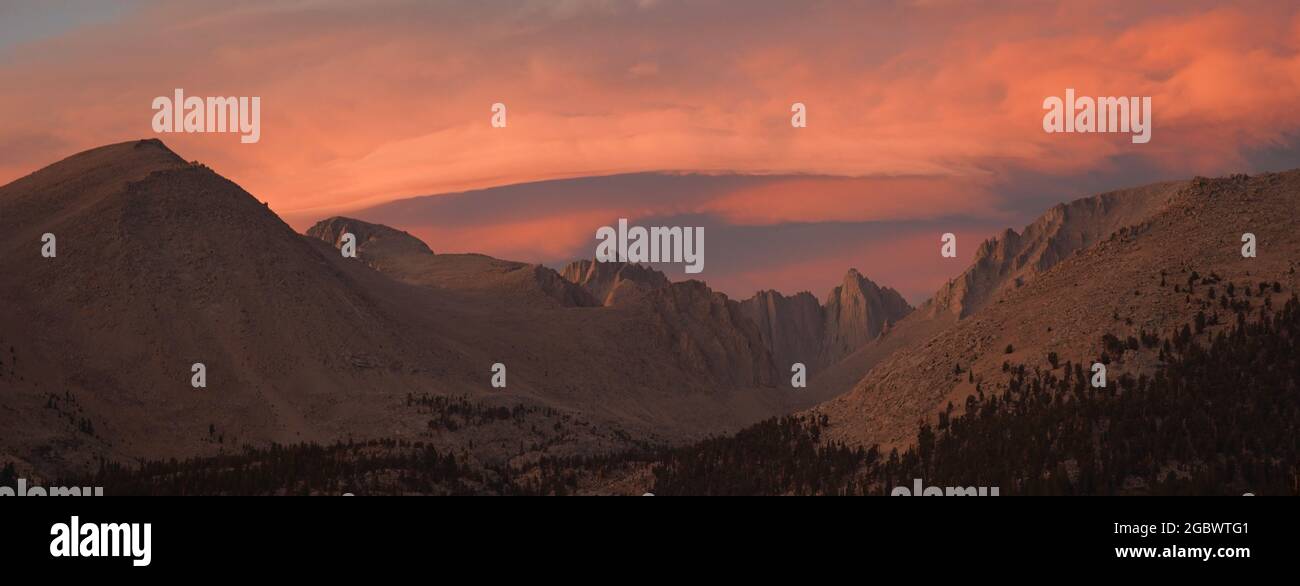 Sunset with dramatic clouds over Mount Whitney on the Pacific Crest ...