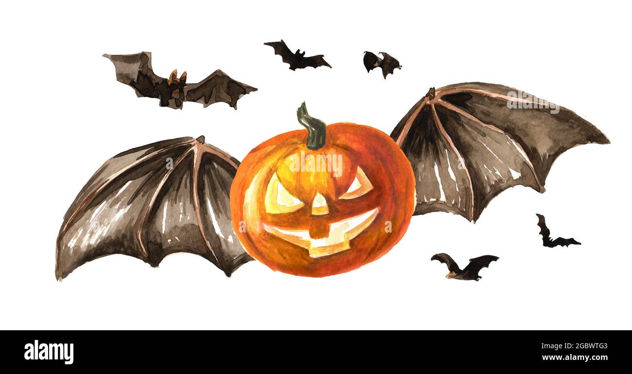 Halloween pumpkin with bats, Holiday concept. Hand drawn watercolor ...