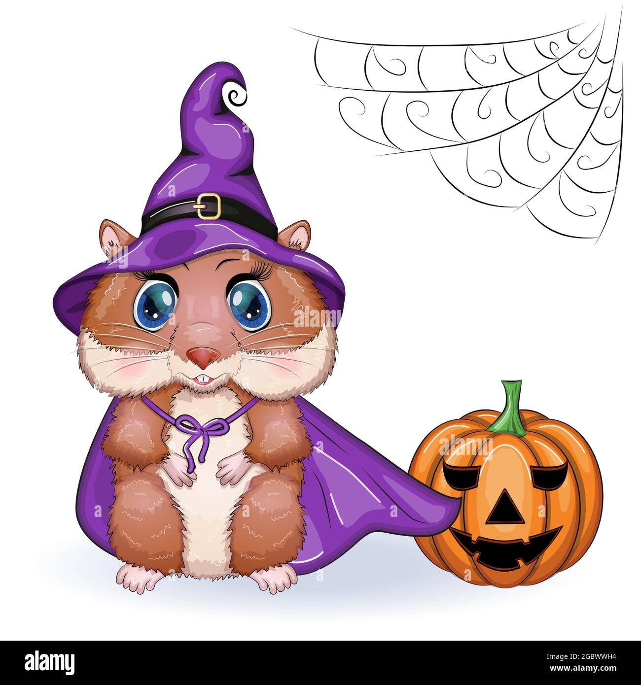Cartoon hamster wearing purple witch hat with broom, potion or pumpkin ...