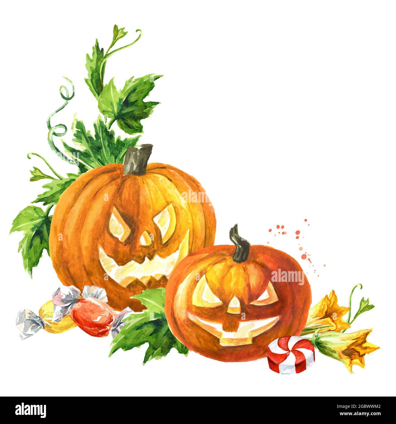 Halloween pumpkins , head jack lantern, Hand drawn watercolor ...