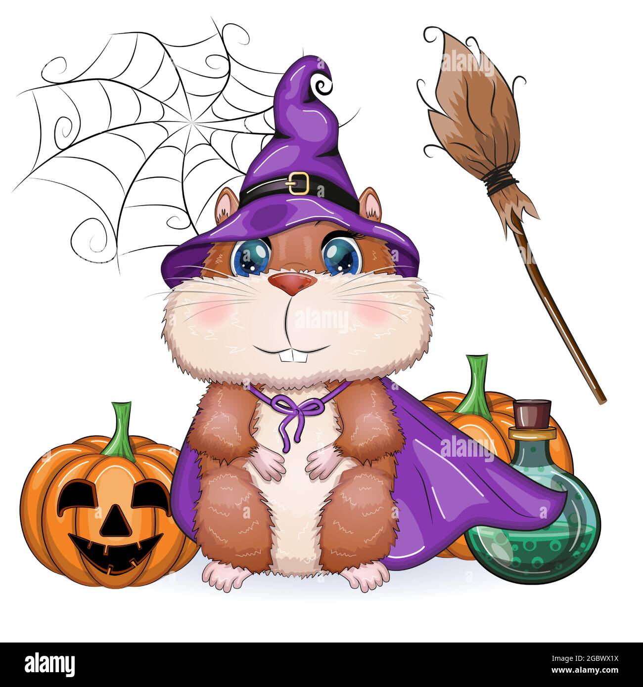 Cartoon hamster wearing purple witch hat with broom, potion or pumpkin ...