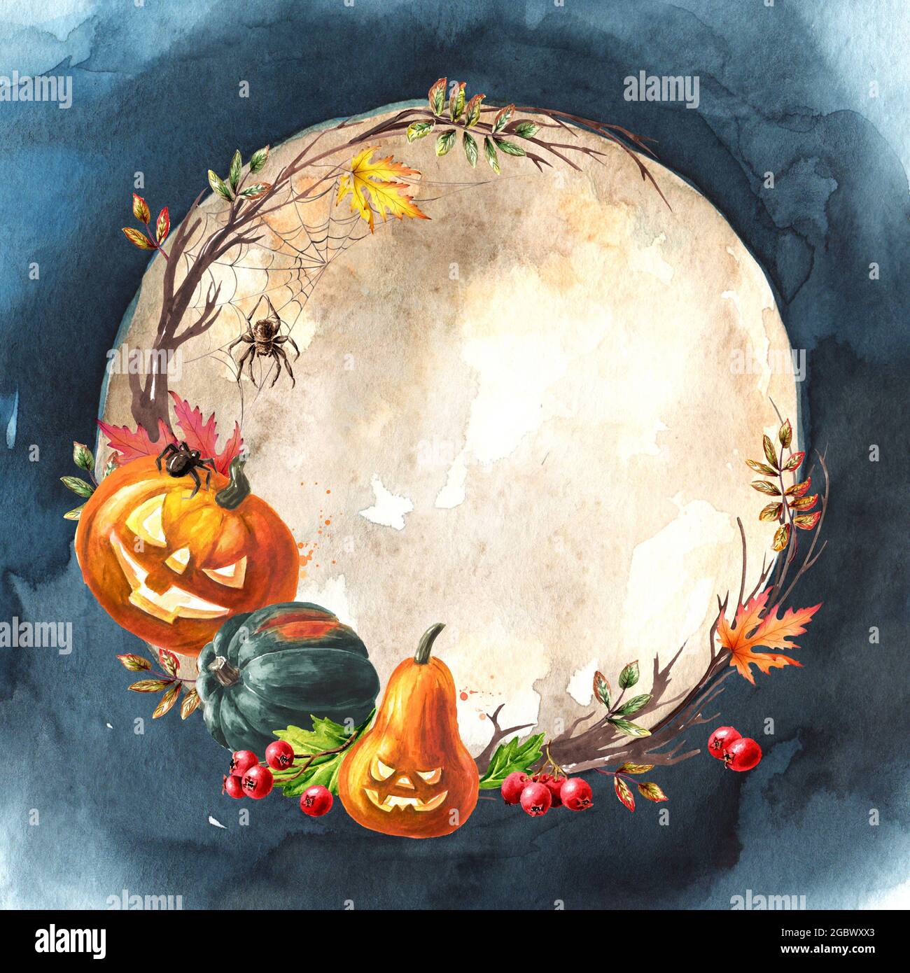 Halloween pumpkins round frame against the background of a full moon ...