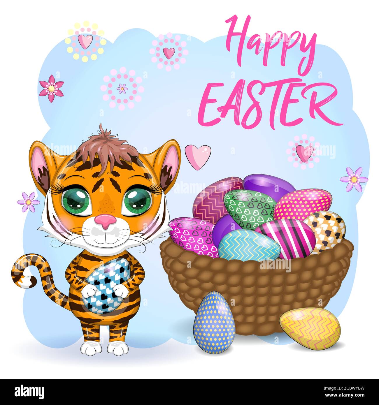 Cartoon tiger with Easter egg as Easter bunny. Easter 2022, April ...