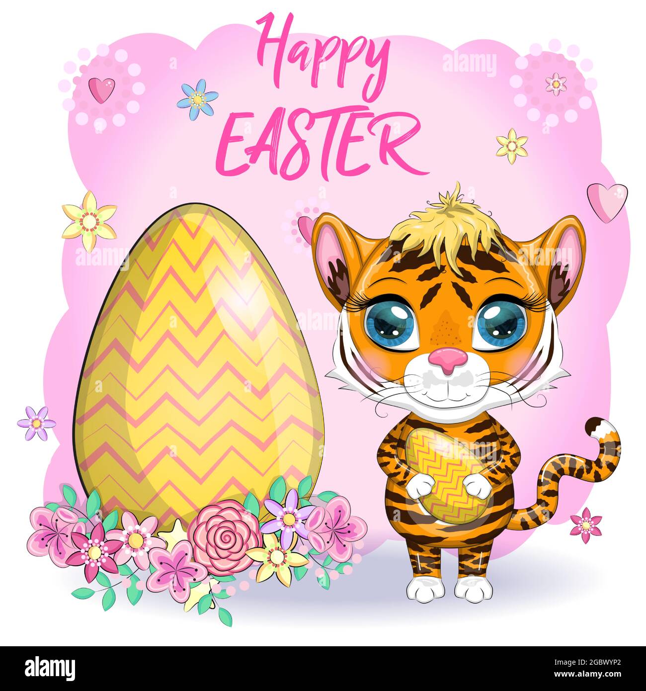 Cartoon tiger with Easter egg as Easter bunny. Easter 2022, April ...