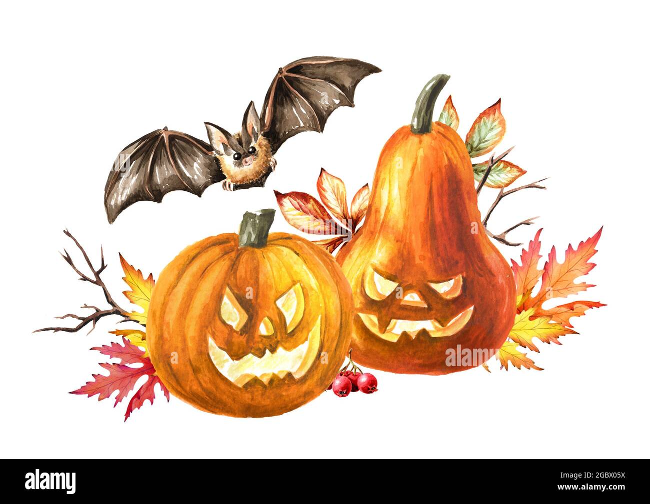 Halloween pumpkins with autumn leaves and the bat. Hand drawn ...