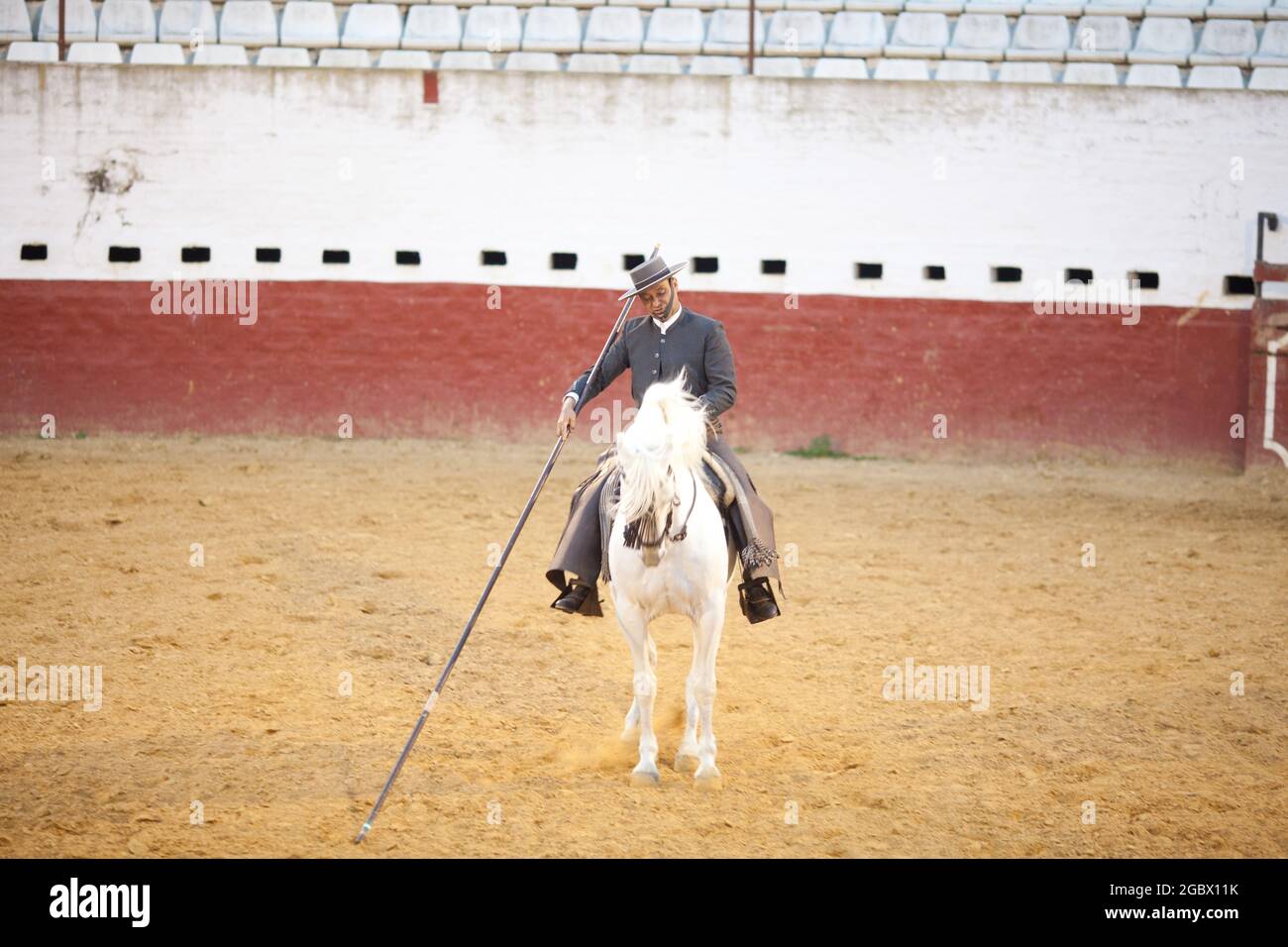 Garrocha pole horse riding in Spain near Sevilla in a farm Stock Photo ...