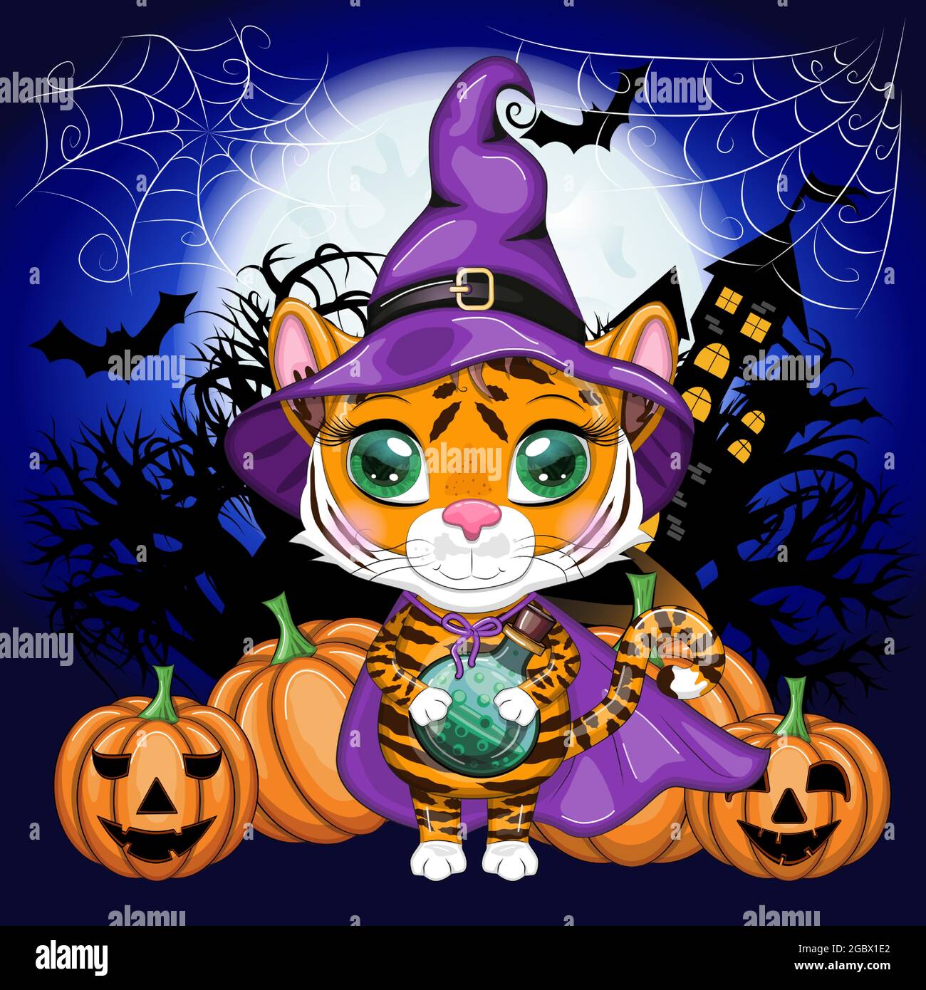 Cute cartoon tiger with beautiful eyes, orange in a purple cloak and ...