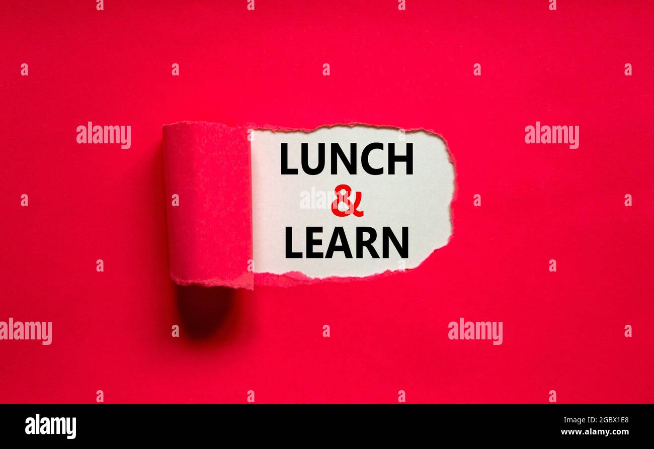 Lunch and learn symbol. Words 'Lunch and learn' appearing behind torn ...