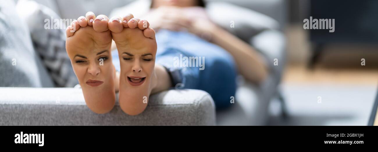 Feet Pain On Foot Smell. Funny Sad Face Stock Photo - Alamy