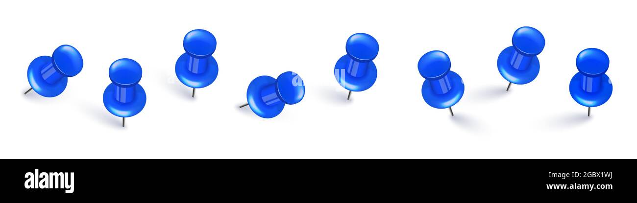 Realistic blue push pins. Board tacks isolated on white background ...