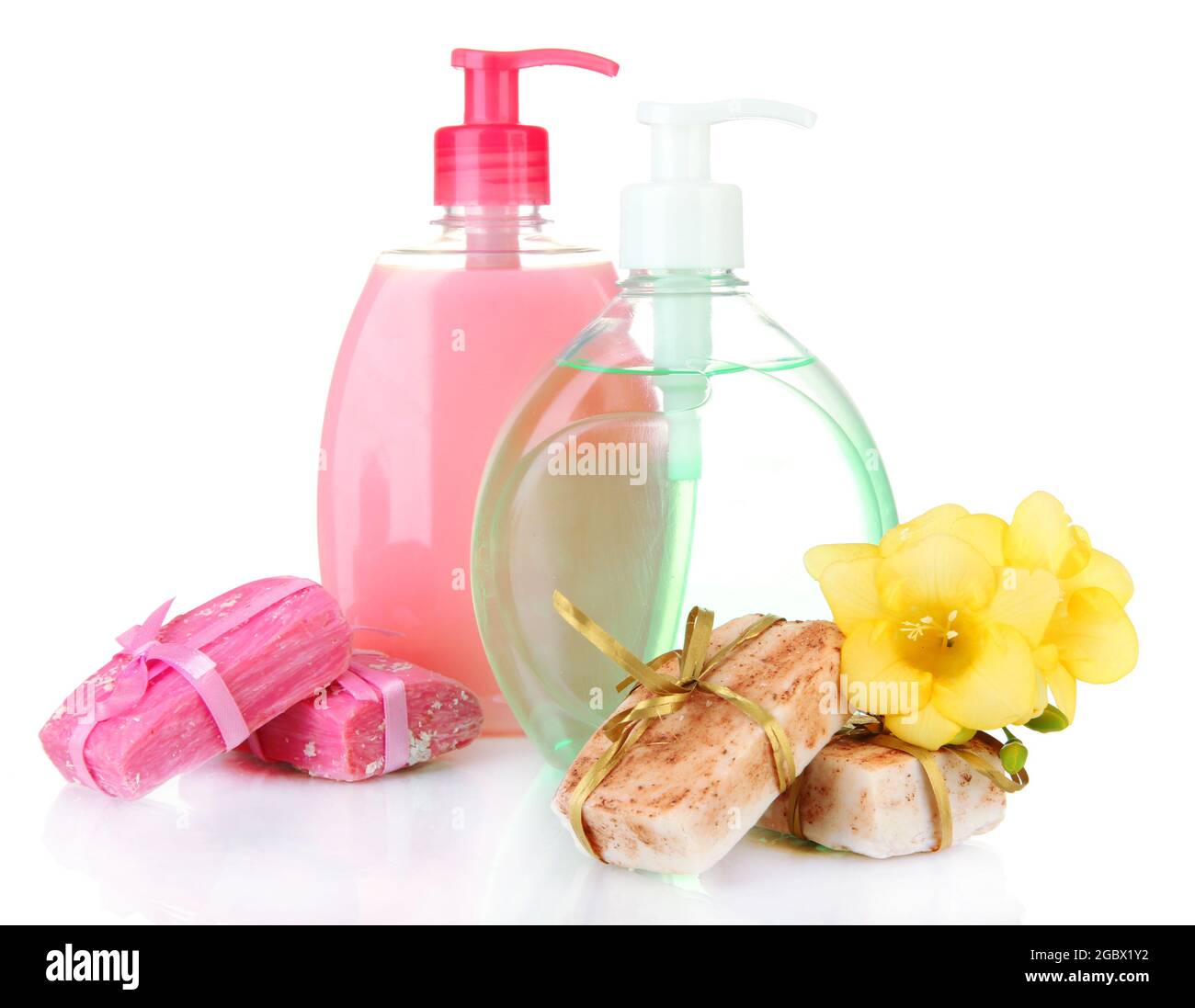 Liquid and hand-made soaps isolated on white Stock Photo - Alamy